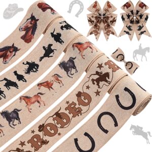 5rolls wild horse wired ribbon horse head equid horseshoe print burlap ribbon for gift wrapping wreath making for farmhouse birthday horse racing party craft supplies (brown)