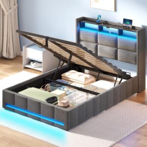 rolanstar bed frame twin size with lift up storage, charging station & led lights, upholstered storage headboard, heavy duty wooden slats, no box spring needed, noise free, easy assembly, dark grey