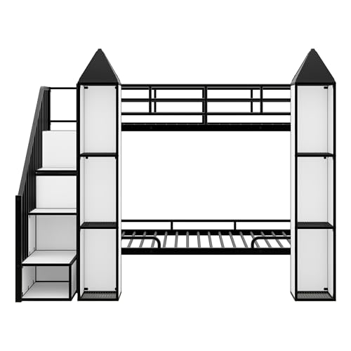 BOVZA Castle Shaped Bunk Bed with Wardrobe and Multiple Storage, Twin Over Twin Metal Bunk Bed Frame with Storage Staircase and Guardrails for Kids Boys Girls Teens, Black+White