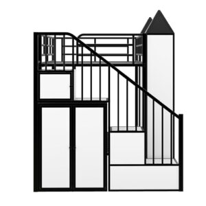 BOVZA Castle Shaped Bunk Bed with Wardrobe and Multiple Storage, Twin Over Twin Metal Bunk Bed Frame with Storage Staircase and Guardrails for Kids Boys Girls Teens, Black+White