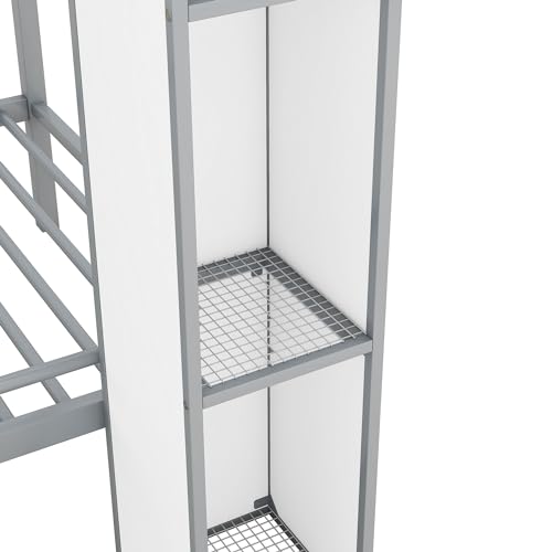 BOVZA Castle Shaped Bunk Bed with Wardrobe and Multiple Storage, Twin Over Twin Metal Bunk Bed Frame with Storage Staircase and Guardrails for Kids Boys Girls Teens, Gray+White