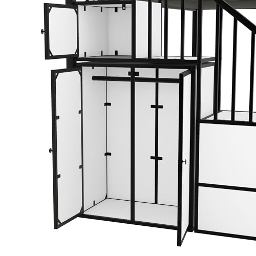 BOVZA Castle Shaped Bunk Bed with Wardrobe and Multiple Storage, Twin Over Twin Metal Bunk Bed Frame with Storage Staircase and Guardrails for Kids Boys Girls Teens, Black+White