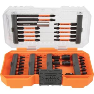 klein tools 33801 impact driver bit set with magnetic nut drivers, proflex s2 steel phillips, slotted, square, torx bits with case, modbox compatible, 40-piece