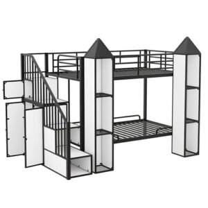 BOVZA Castle Shaped Bunk Bed with Wardrobe and Multiple Storage, Twin Over Twin Metal Bunk Bed Frame with Storage Staircase and Guardrails for Kids Boys Girls Teens, Black+White