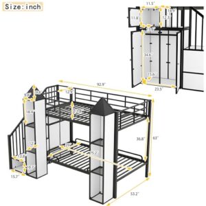 BOVZA Castle Shaped Bunk Bed with Wardrobe and Multiple Storage, Twin Over Twin Metal Bunk Bed Frame with Storage Staircase and Guardrails for Kids Boys Girls Teens, Black+White