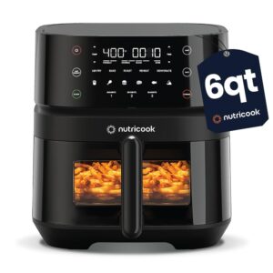 nutricook air fryer 3 vision, 6qt large airfryer, 12 preset functions, air fry, roast, bake, dehydrate, reheat and more, quiet, non-stick, easy to clean, black