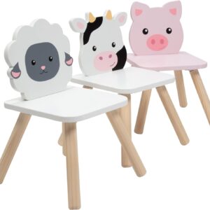 Kids Wooden Animal Table & Chair Set w 4 Seats- Cow Pig Sheep plus Adult Stool for Arts Crafts, Dining, Pretend Play- Durable Playroom Furniture for Home, Daycare Classroom- Toddler Children Xmas Gift