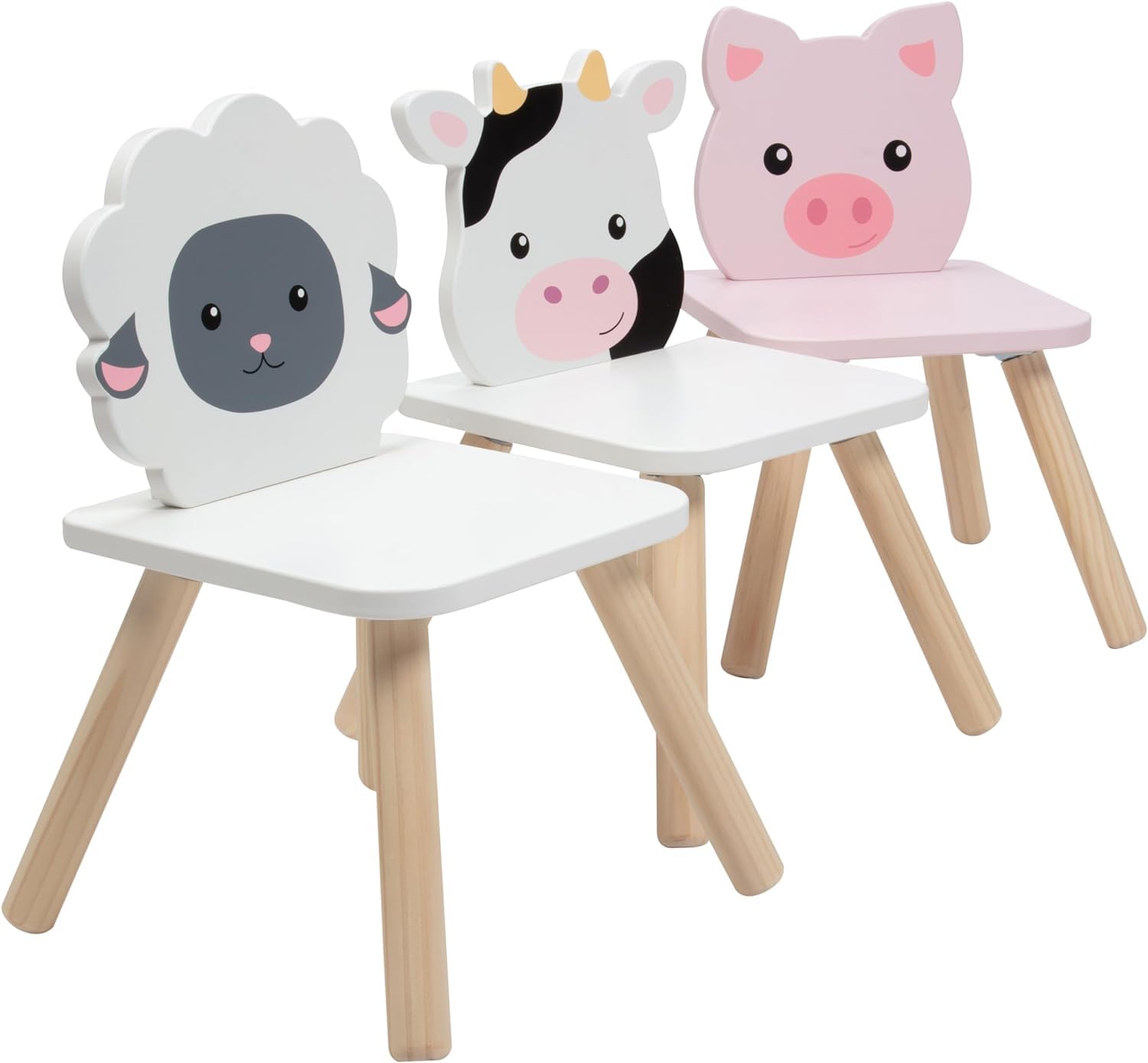 Kids Wooden Animal Table & Chair Set w 4 Seats- Cow Pig Sheep plus Adult Stool for Arts Crafts, Dining, Pretend Play- Durable Playroom Furniture for Home, Daycare Classroom- Toddler Children Xmas Gift