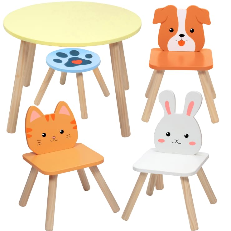 Kids Wooden Animal Table & Chair Set w 4 Seats- Puppy Kitten Bunny Plus Adult Stool for Arts Crafts, Dining, Pretend Play- Durable Playroom Furniture for Home, Daycare Classroom- Toddler Xmas Gift