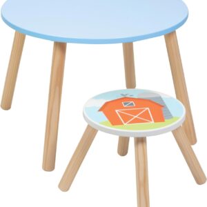 Kids Wooden Animal Table & Chair Set w 4 Seats- Cow Pig Sheep plus Adult Stool for Arts Crafts, Dining, Pretend Play- Durable Playroom Furniture for Home, Daycare Classroom- Toddler Children Xmas Gift