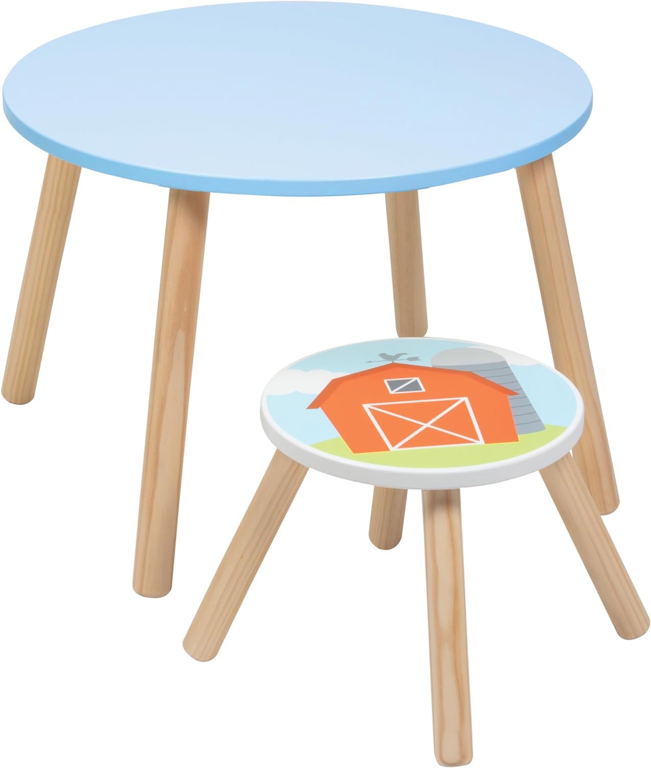 Kids Wooden Animal Table & Chair Set w 4 Seats- Cow Pig Sheep plus Adult Stool for Arts Crafts, Dining, Pretend Play- Durable Playroom Furniture for Home, Daycare Classroom- Toddler Children Xmas Gift