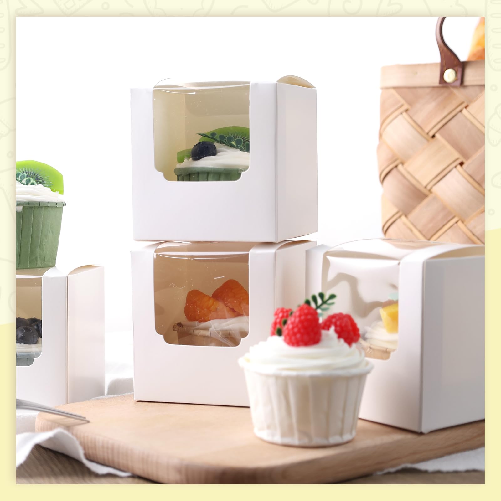 JOHOUSE 20PCS Cupcake Boxes, 3.5"x3.5"x3.5" Individual Cupcake Containers Pre-Assembled Containers with Window and Inserts for Wedding Baby Shower Birthday Gifting