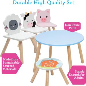 Kids Wooden Animal Table & Chair Set w 4 Seats- Cow Pig Sheep plus Adult Stool for Arts Crafts, Dining, Pretend Play- Durable Playroom Furniture for Home, Daycare Classroom- Toddler Children Xmas Gift