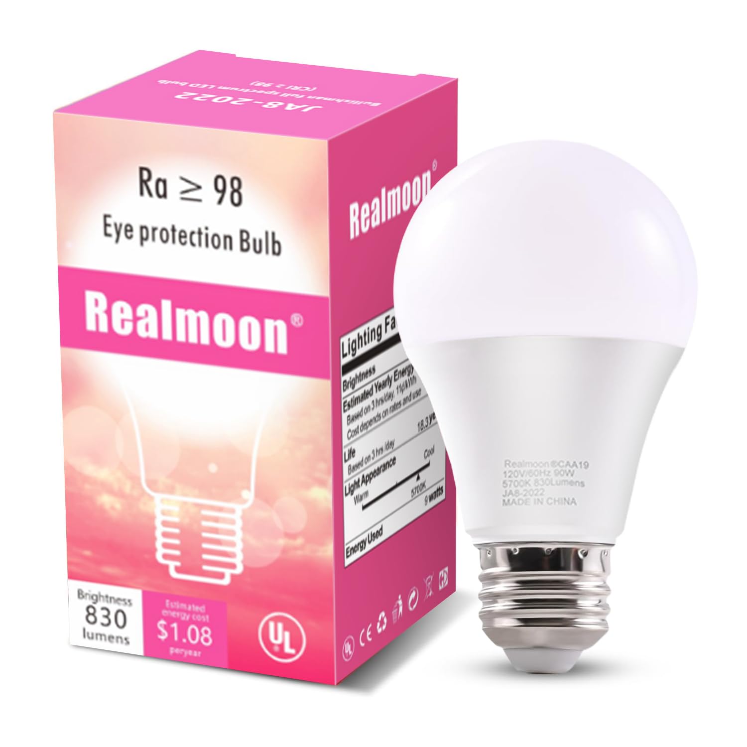 realmoon Full Spectrum Sun Light Bulb - A19 9W, Boosts Energy, Mood & Performance, Near-Perfect Color Rendering, Imitate Sunlight Indoors for a Happy Life, American Pry LED Beads,CRI of 98+