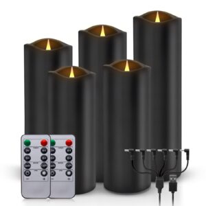 aled light black real wax rechargeable flameless candles flickering realistic,rechargeable led pillar candles with remote for home decor idea gift，pack 5(d 2.2”x h 5”5.5”6”7”8”)