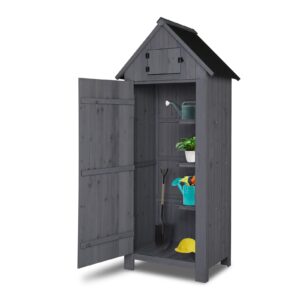 vingli outdoor wooden storage shed, garden shed outside tool cabinet with safety latch, patio storage organizer (dark grey)