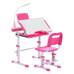 real relax height adjustable childrens desk and chair set, kid's school workstation with tilt desktop, pink