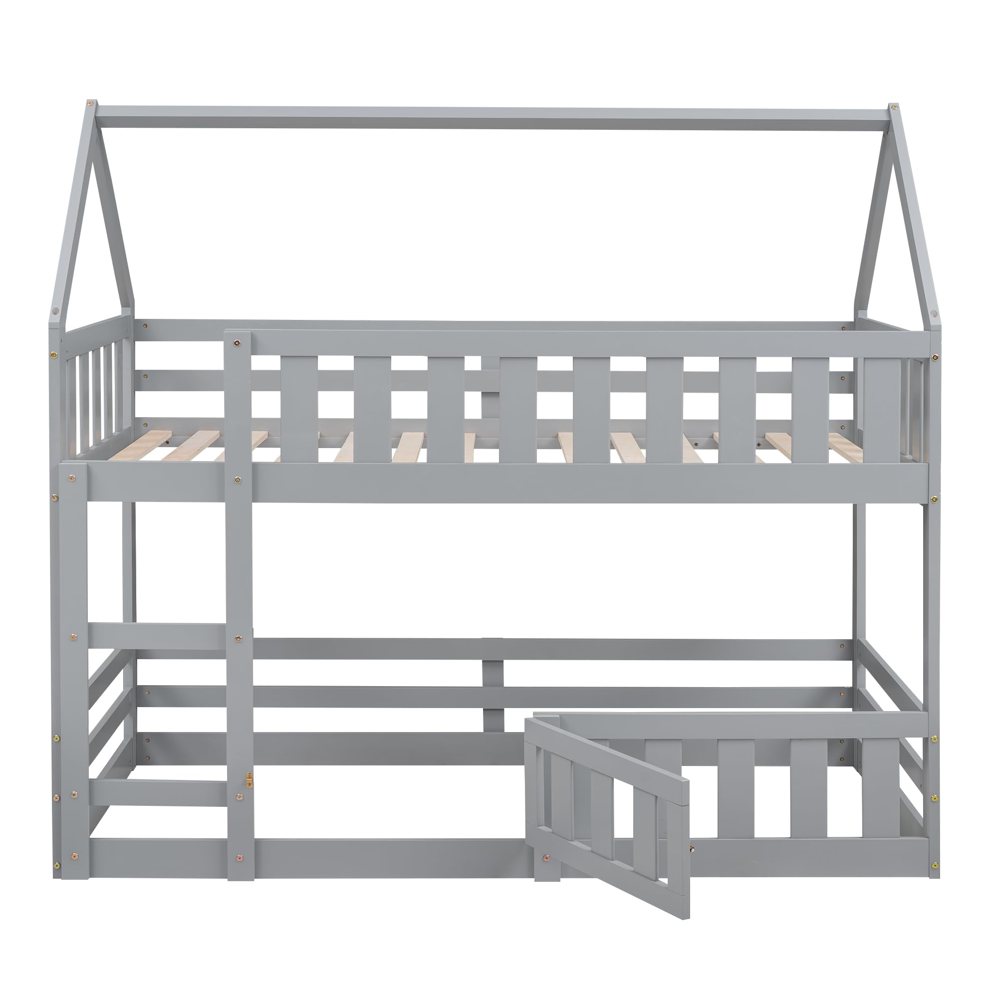 Favfurish Twin Over Twin House Bunk Bed with Fence and Door,Solid Wood Down Bed Frame,w/Sky Roof & Safety Guardrail,No Box Spring Needed,for Kids, Teens, Girls, Boys,Grey