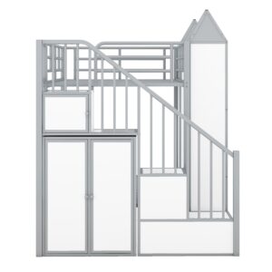 BOVZA Castle Shaped Bunk Bed with Wardrobe and Multiple Storage, Twin Over Twin Metal Bunk Bed Frame with Storage Staircase and Guardrails for Kids Boys Girls Teens, Gray+White