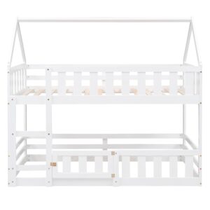 Merax House Bunk Bed Twin Over Twin, Modern Wood Floor Bunk Bed with Fence and Door, for Boys Girls Teens, White