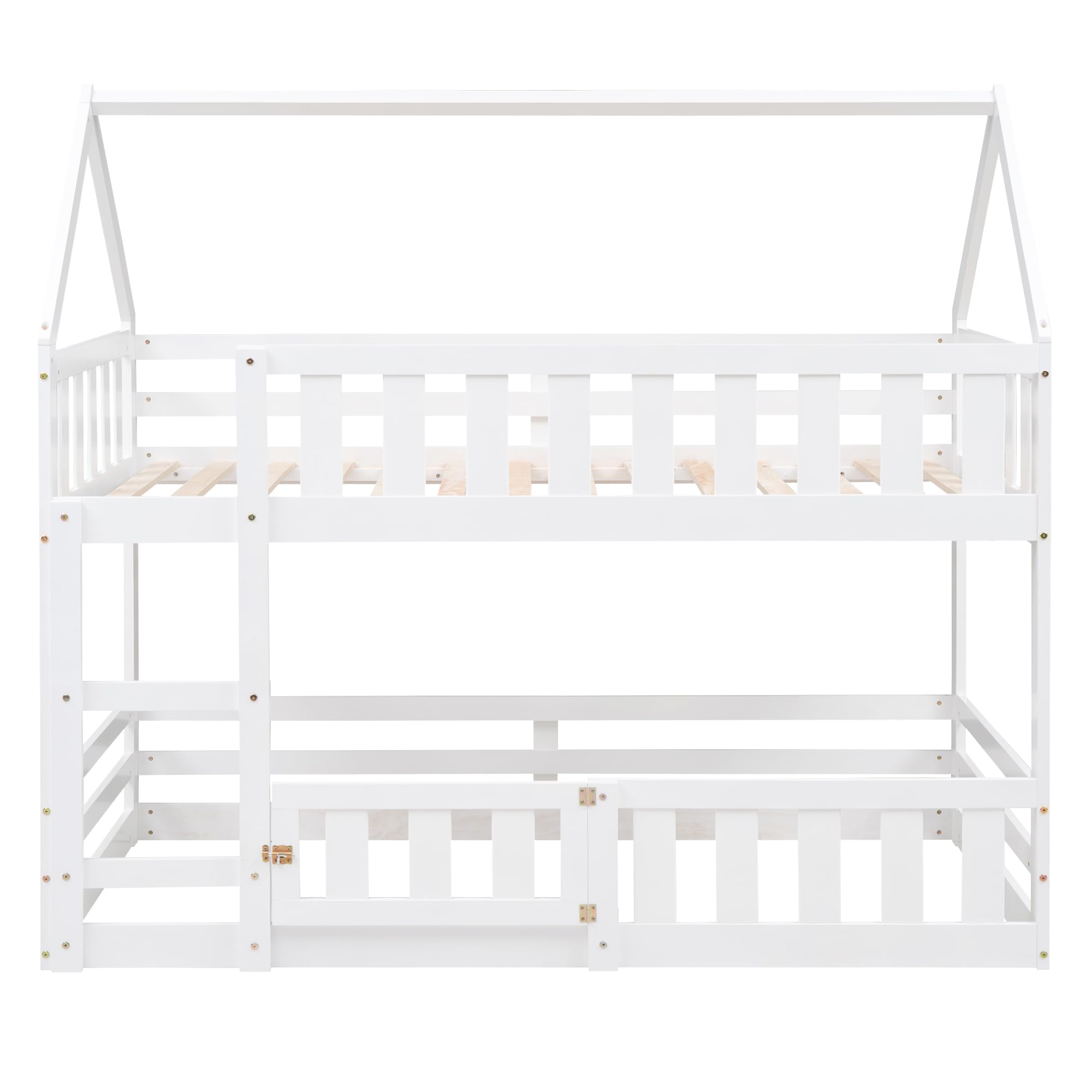 Merax House Bunk Bed Twin Over Twin, Modern Wood Floor Bunk Bed with Fence and Door, for Boys Girls Teens, White