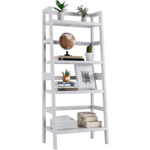 hitnet white ladder bookshelf, leaning bookcase, 4-tier bamboo shelf, floor standing storage shelving unit, open display book shelves