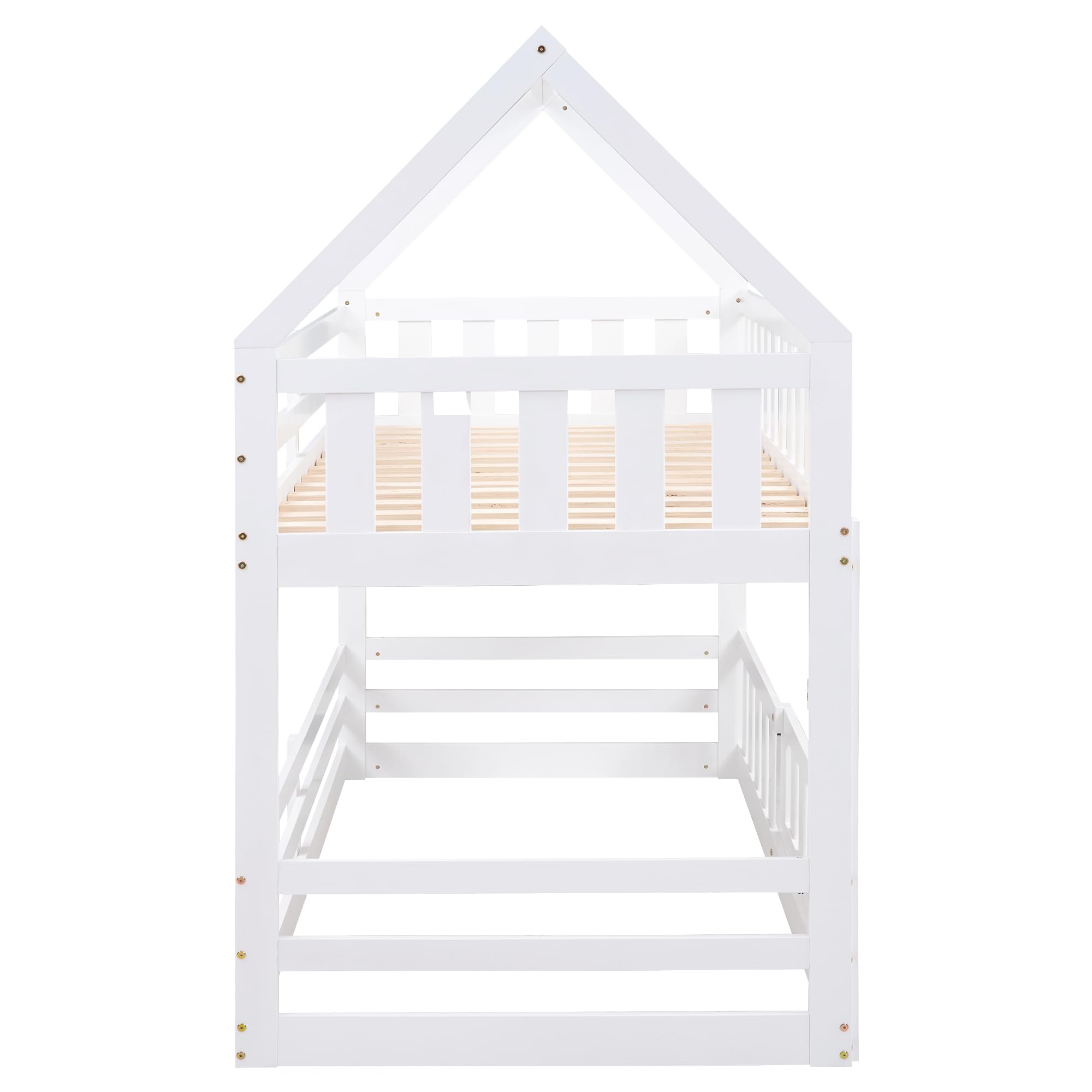 Merax House Bunk Bed Twin Over Twin, Modern Wood Floor Bunk Bed with Fence and Door, for Boys Girls Teens, White