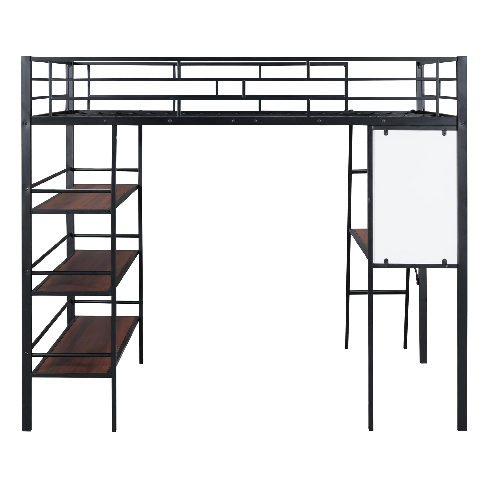 Favfurish Full Size Loft Metal Bed with 3 Layers of Shelves and Desk, Heavy Duty Stylish Bed Frame W/Whiteboard,Safety Guardrail & Ladder,for Kids Teens Adults,Black