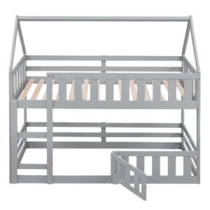 Bellemave House Bunk Bed for Kids, Twin Over Twin Floor Bunk Bed with Fence Railings and Door, Wooden Convertible Playhouse Loft Beds with Ladder for Boys Girls Teens, Gray