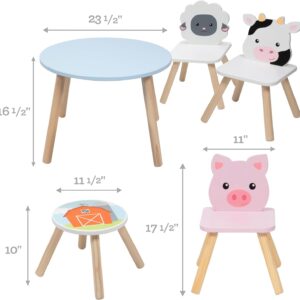 Kids Wooden Animal Table & Chair Set w 4 Seats- Cow Pig Sheep plus Adult Stool for Arts Crafts, Dining, Pretend Play- Durable Playroom Furniture for Home, Daycare Classroom- Toddler Children Xmas Gift