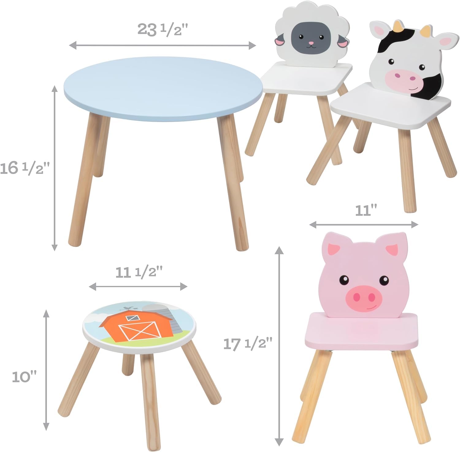 Kids Wooden Animal Table & Chair Set w 4 Seats- Cow Pig Sheep plus Adult Stool for Arts Crafts, Dining, Pretend Play- Durable Playroom Furniture for Home, Daycare Classroom- Toddler Children Xmas Gift