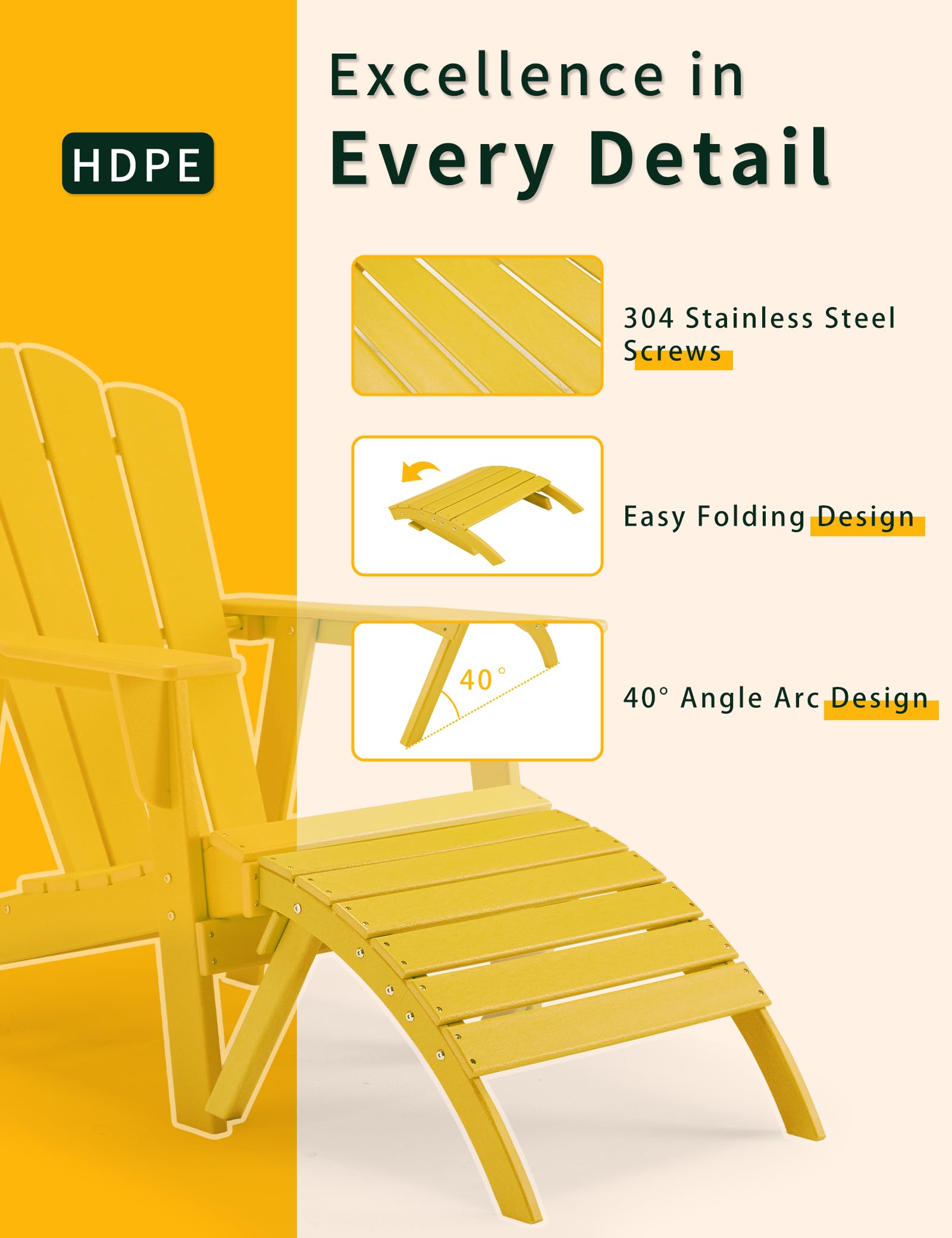 BUPPLEE Folding Adirondack Ottoman for Adirondack Chair, HDPE All Weather Outdoor Footrest Poly Lumber Adirondack Footstool for Patio, Backyard, Garden, Easily Storage - Yellow