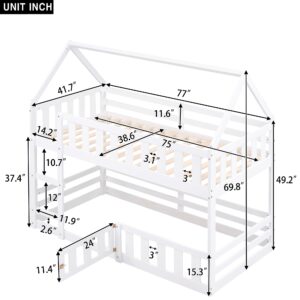 Merax House Bunk Bed Twin Over Twin, Modern Wood Floor Bunk Bed with Fence and Door, for Boys Girls Teens, White