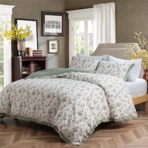 floral duvet cover queen size - white yellow flowers and green leaf spring botanical printed microfiber comforter cover set - 3pc 90x90 soft and lightweight quilt cover, farmhouse style for women men