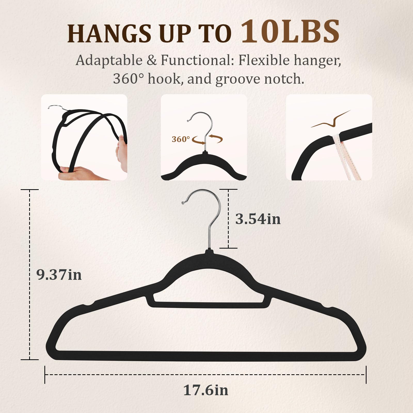 Flysums Velvet Hangers 50 Pack and 10 Clear Clothes Hangers, Heavy Duty Non-Slip Suit Clothes Felt Hangers, Space Saving Keeping Closet Organized,Black