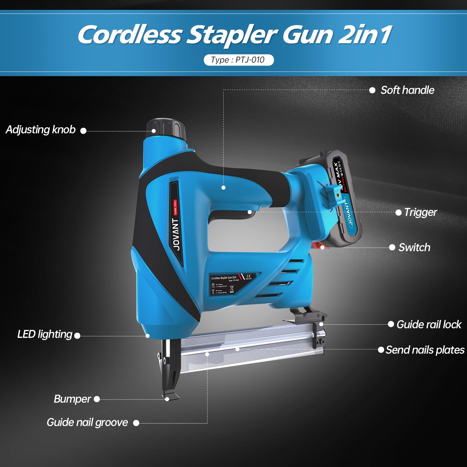 JOVANT Nail Gun Battery Powered, Cordless Nail Gun with 1 * 2.0Ah Li-ion Battery, 20V 2 in 1 Electric Nail Gun with Staple Remover, Battery Nail Gun for Upholstery, Small Projects and Woodworking