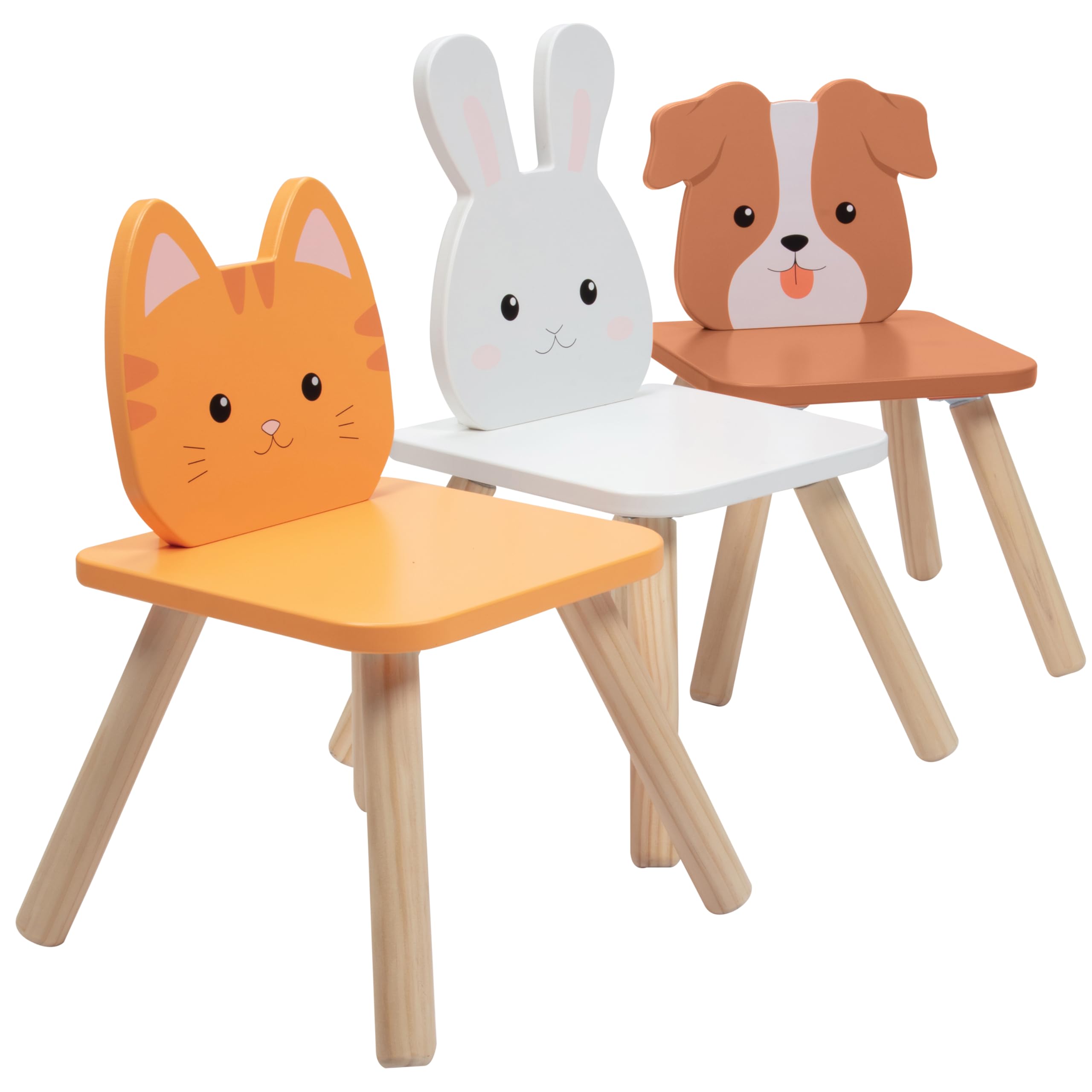 Kids Wooden Animal Table & Chair Set w 4 Seats- Puppy Kitten Bunny Plus Adult Stool for Arts Crafts, Dining, Pretend Play- Durable Playroom Furniture for Home, Daycare Classroom- Toddler Xmas Gift