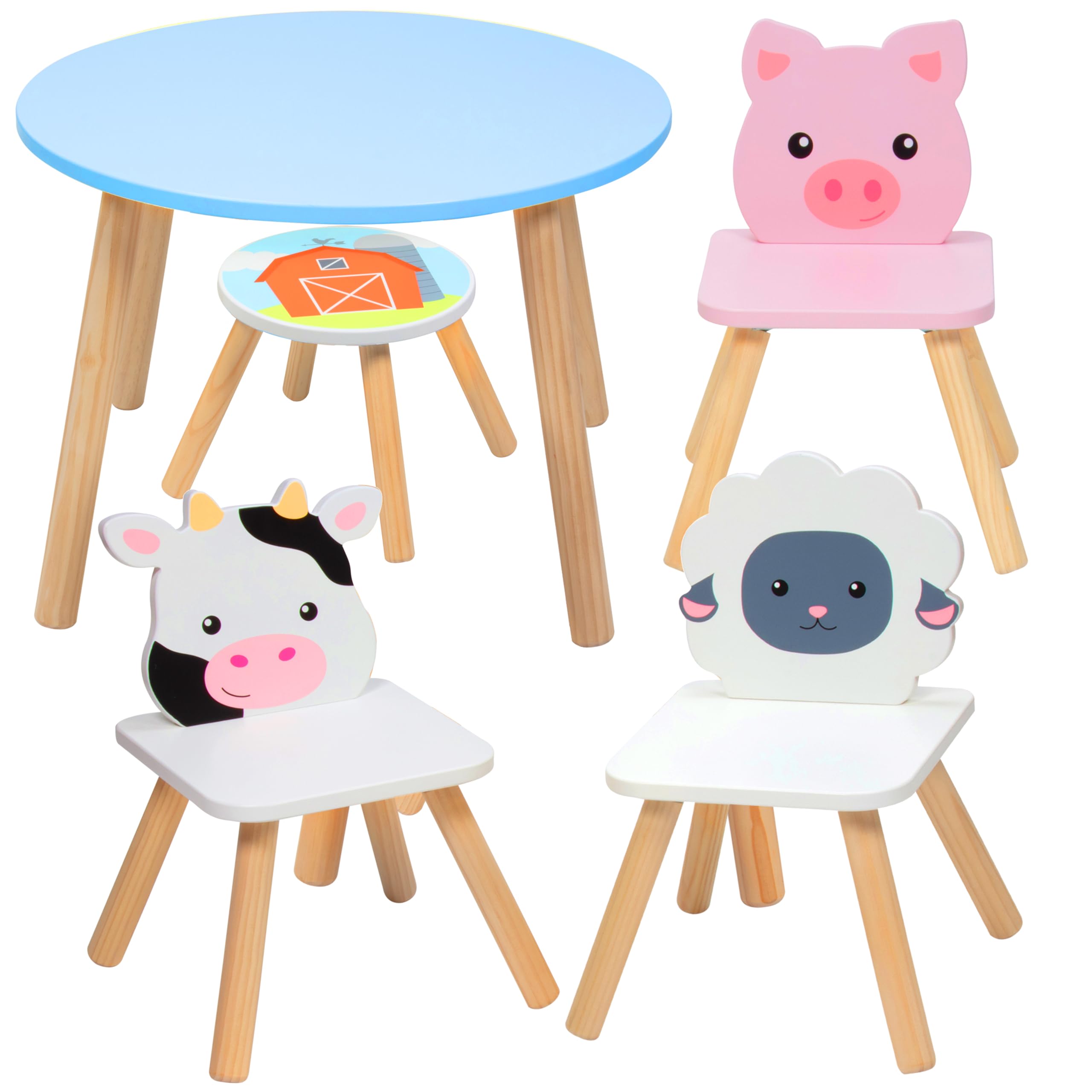 Kids Wooden Animal Table & Chair Set w 4 Seats- Cow Pig Sheep plus Adult Stool for Arts Crafts, Dining, Pretend Play- Durable Playroom Furniture for Home, Daycare Classroom- Toddler Children Xmas Gift