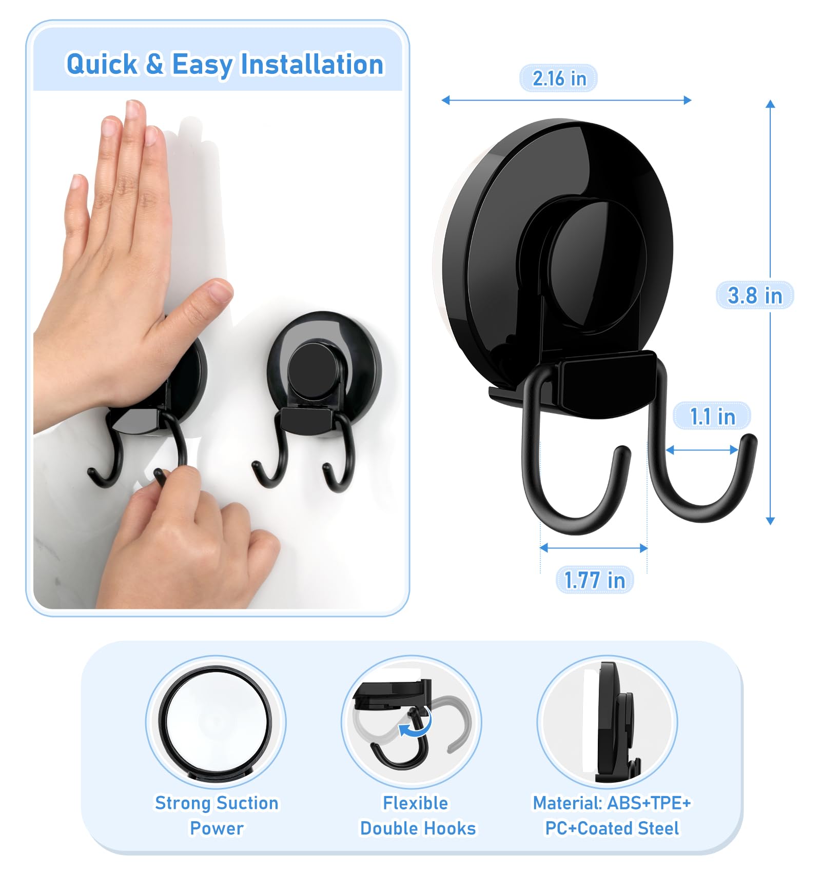 VIS'V Suction Cup Hooks, Black Shower Suction Hooks Heavy Duty Suction Cups with Double Hooks Removable Reusable Bathroom Suction Razor Holder for Tile Wall Glass Door Window - 2 Pcs