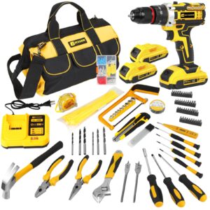 jexugk home tool set with power drill, 245pcs cordless drill set with 21v battery drill driver, all purpose household repairing tool kit with drill, 25+3 clutch impact combo kit with tool bag