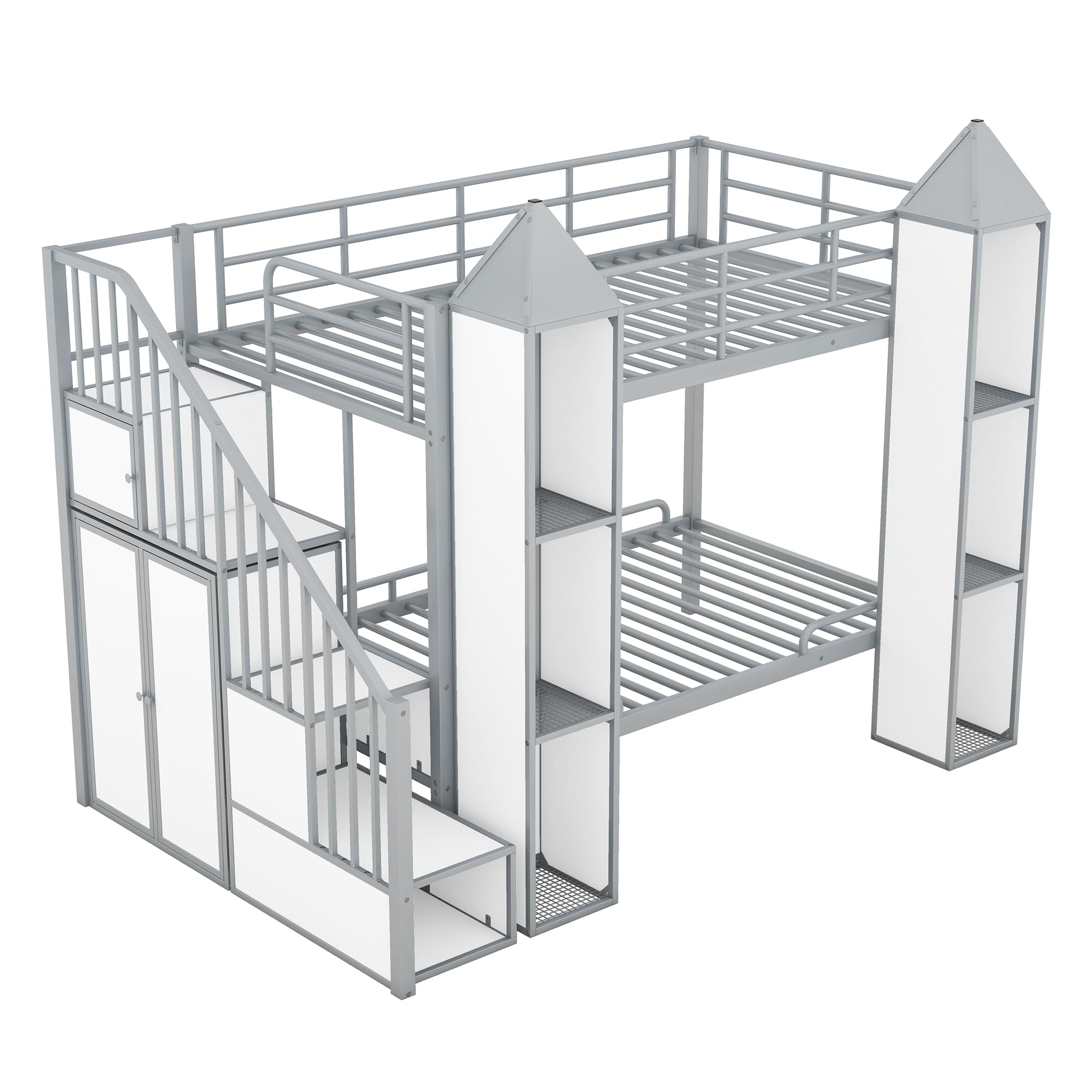 BOVZA Castle Shaped Bunk Bed with Wardrobe and Multiple Storage, Twin Over Twin Metal Bunk Bed Frame with Storage Staircase and Guardrails for Kids Boys Girls Teens, Gray+White