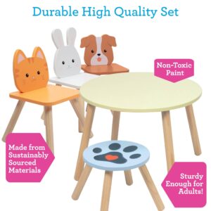 Kids Wooden Animal Table & Chair Set w 4 Seats- Puppy Kitten Bunny Plus Adult Stool for Arts Crafts, Dining, Pretend Play- Durable Playroom Furniture for Home, Daycare Classroom- Toddler Xmas Gift