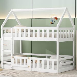 merax house bunk bed twin over twin, modern wood floor bunk bed with fence and door, for boys girls teens, white