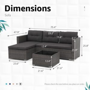 OC Orange-Casual 3-Piece Patio Furniture Set, All-Weather Outdoor Sectional Sofa Set, Wicker Loveseat Lounge Couch with Glass Coffee Table for Deck Balcony, Gradient Grey Rattan, Dark Grey Cushion