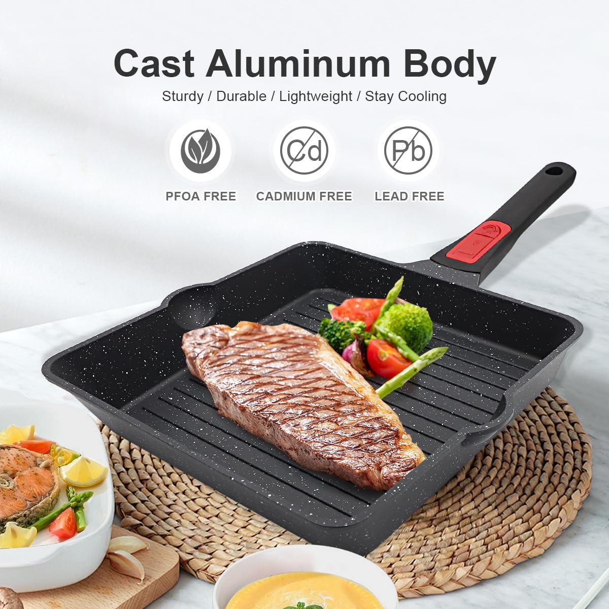 AIKENBBKK Nonstick Square Grill Pan 9.5 Inch, Cast Aluminium Steak Pan with Detachable Handle, Oven& Dishwasher Safe, Double Pour Spouts, Black