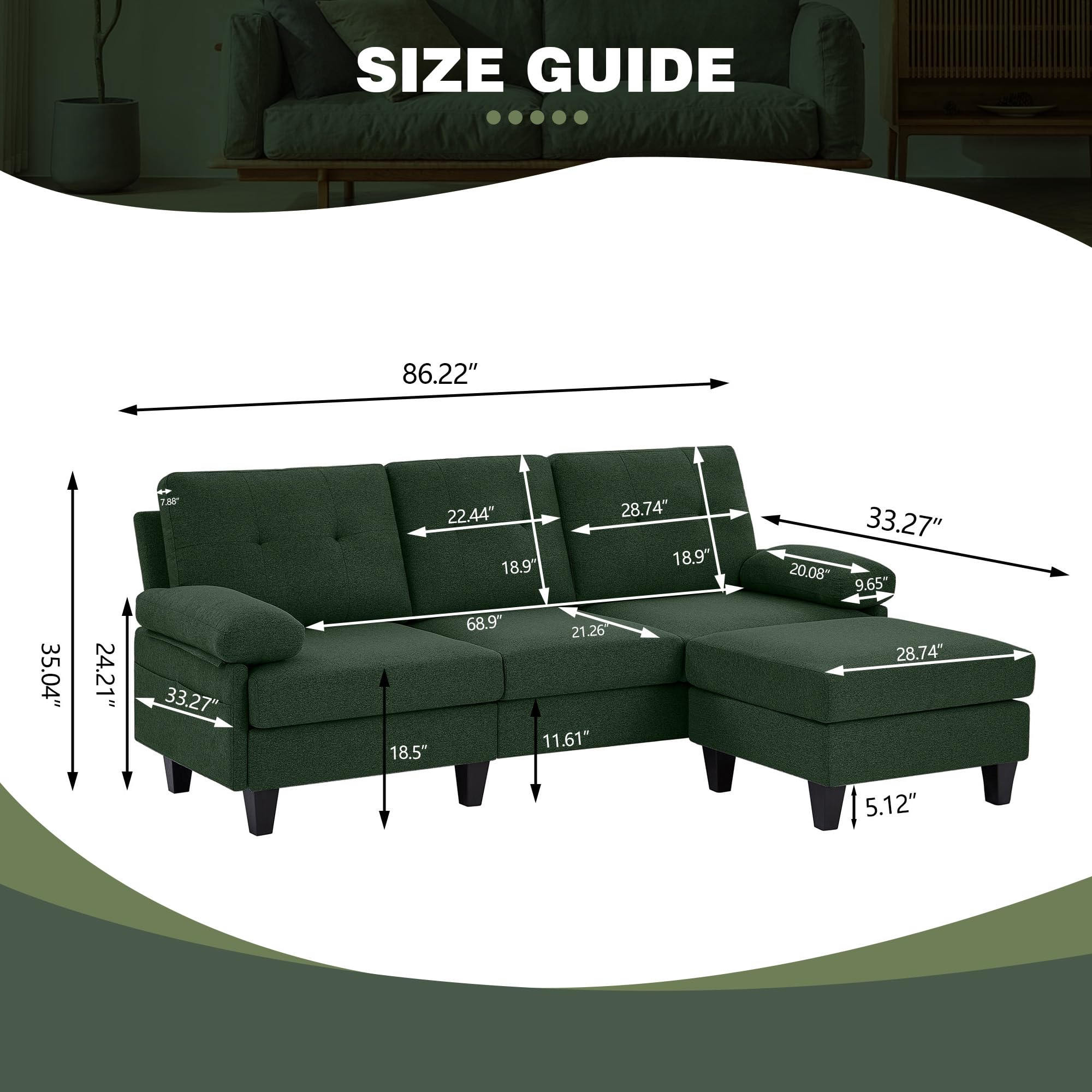 Soscana 86" Convertible Sectional Sofa Couch, Polyster Fibre L Shaped Couch with Reversible Chaise, Deep Seat Cushion, 3 Seater Sofa for Living Room,Apartment and Small Space, Green