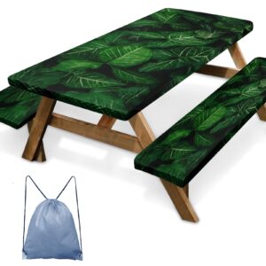 picnic table cover with bench covers elastic edges, green leaves fitted table cover, outdoor patio camping essentials 72 inch 3pcs, waterproof fitted tablecloth with drawstring bag