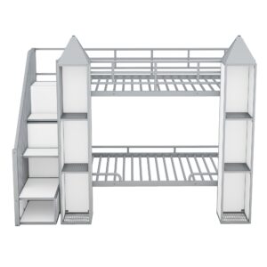 BOVZA Castle Shaped Bunk Bed with Wardrobe and Multiple Storage, Twin Over Twin Metal Bunk Bed Frame with Storage Staircase and Guardrails for Kids Boys Girls Teens, Gray+White