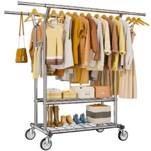 hyseyy heavy duty clothes rack, rolling clothing rack with shelves load 620 lbs, double rod clothing racks for hanging clothes, portable& adjustable clothes rack with wheels garment rack