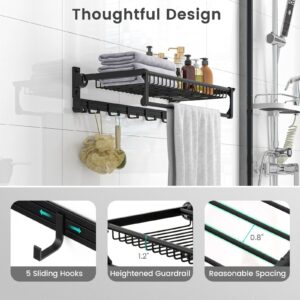 Tangkula Foldable Bathroom Shelf, Wall Mounted Bathroom Shelf Rack w/Adjustable Bar & Movable Hooks, Rustproof & Waterproof Space-Aluminum Holder Organizer, No Assembly Required (Black)